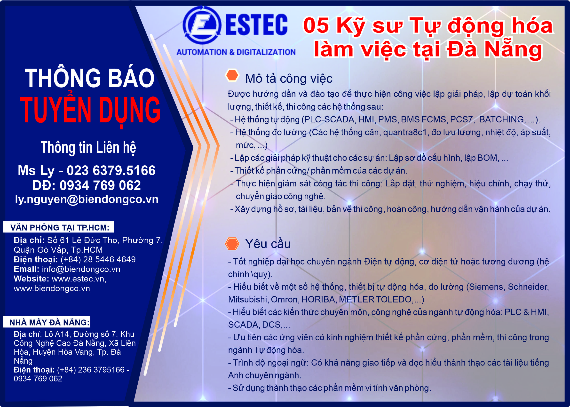 ESTEC - CHI NHÁNH ĐÀ NẴNG THÔNG BÁO TUYỂN DỤNG